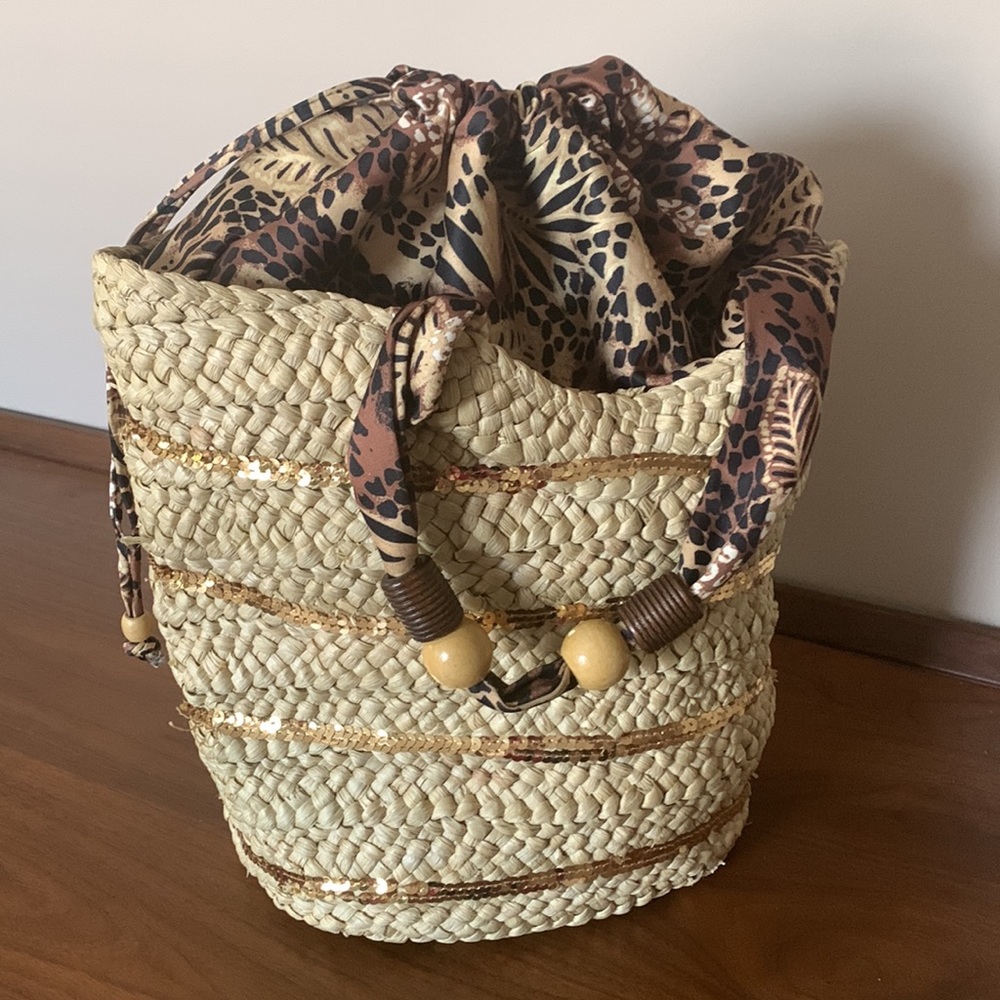 Rattan/Gold Sequin Bag With Satin Animal Print Fabric… - Gem
